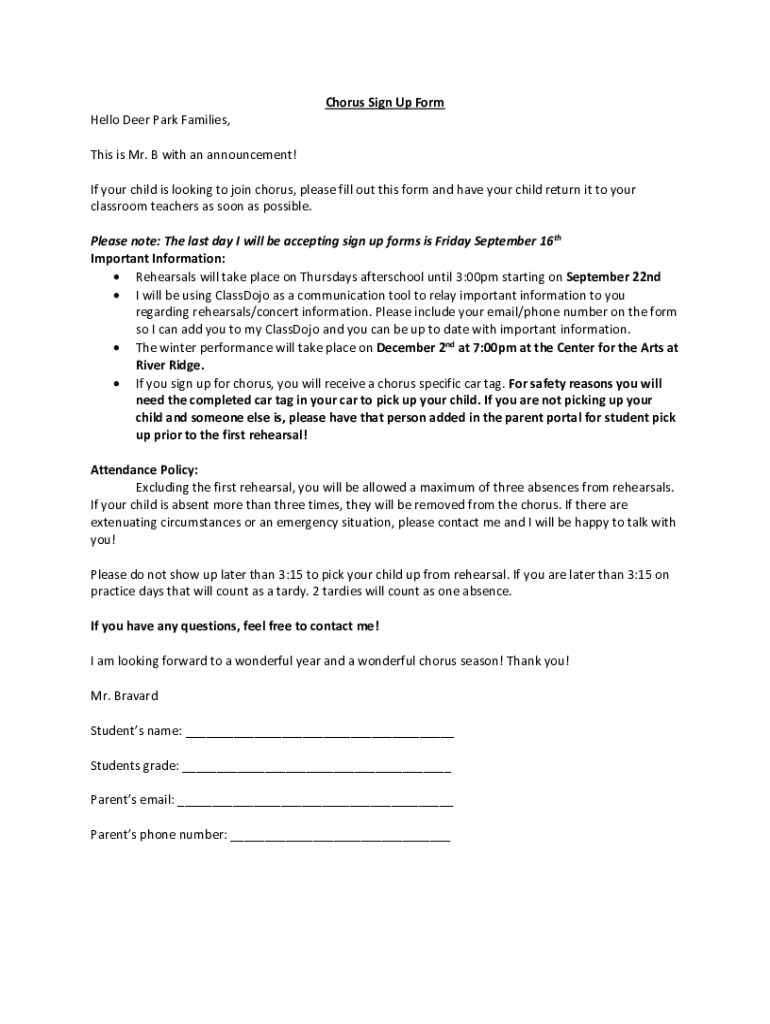 Fillable Online Chorus Sign Up Form Fax Email Print - pdfFiller