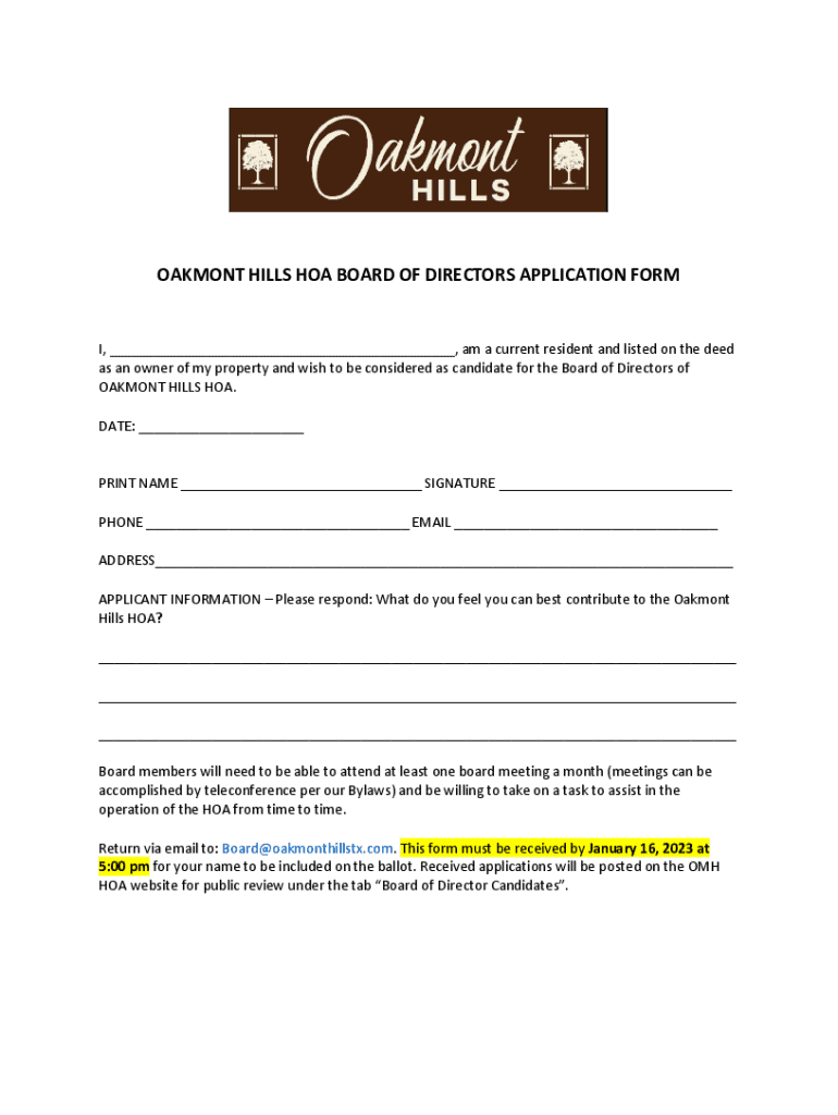 Fillable Online OAKMONT HILLS HOA BOARD OF DIRECTORS APPLICATION ... Fax Email Print - pdfFiller