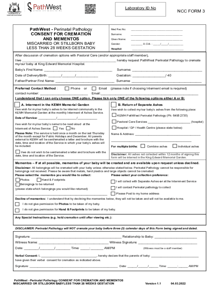 Fillable Online NCC FORM 3 PathWest - Perinatal Pathology CONSENT FOR ...