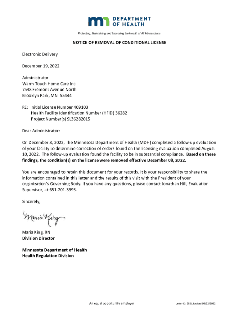 Fillable Online notice of removal of conditional license Fax Email ...