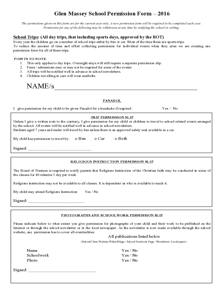 Fillable Online Permission Forms etc - Glen Massey School Fax Email ...