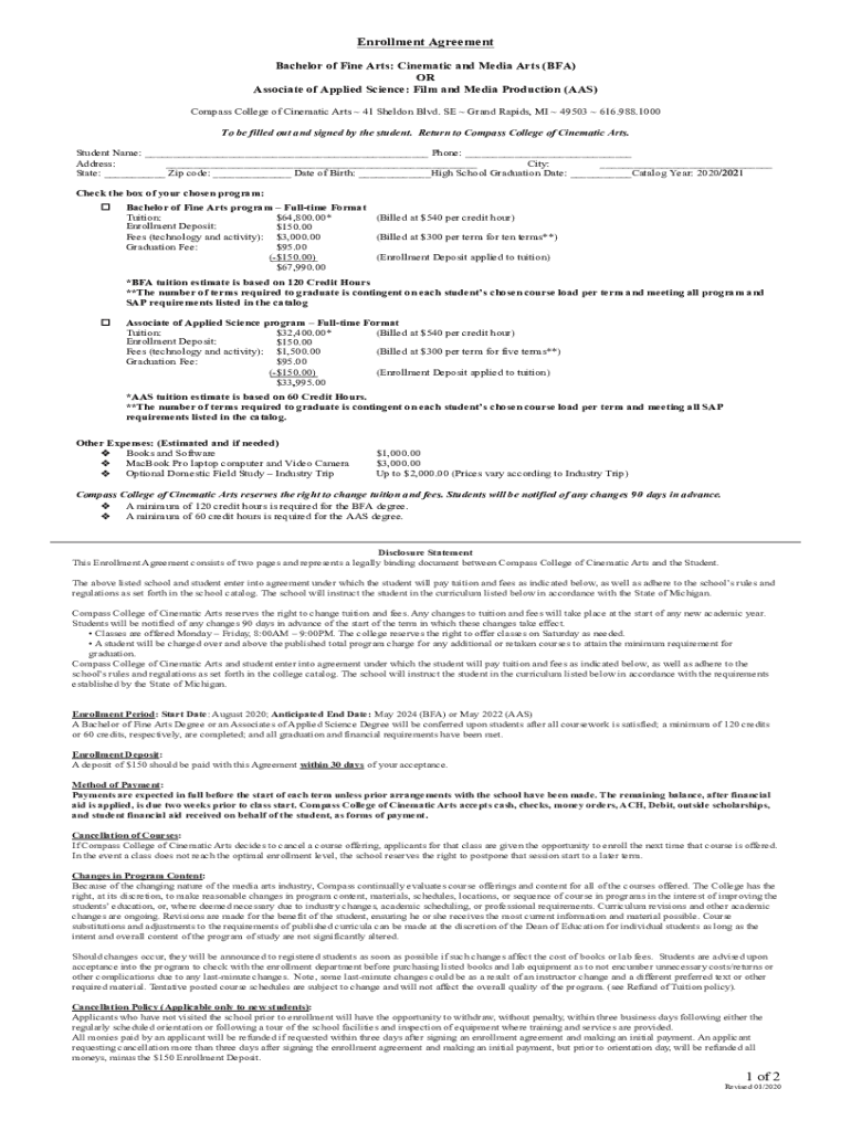Fillable Online FA20 BFA.AAS Student Enrollment Agreement Fax Email Print - pdfFiller