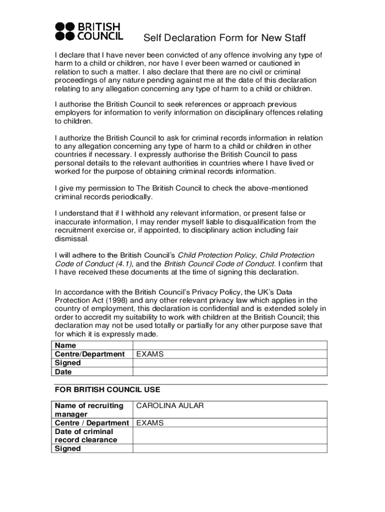 Fillable Online Self Declaration Form for New Staff Fax Email Print ...