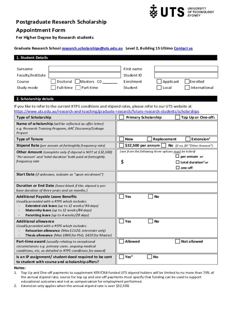 Fillable Online Postgraduate Research Scholarship Appointment Form Fax Email Print - pdfFiller