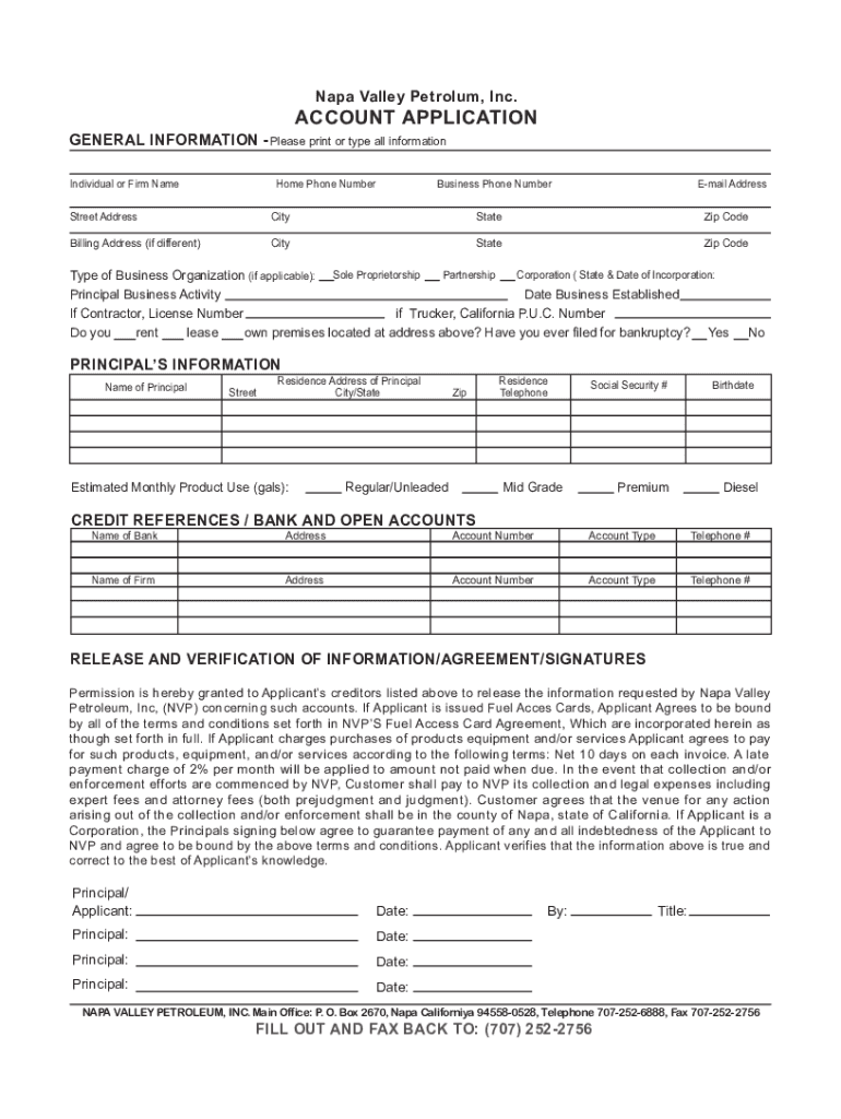 Fillable Online Account Application - Napa Valley Petroleum Fax Email Print - pdfFiller