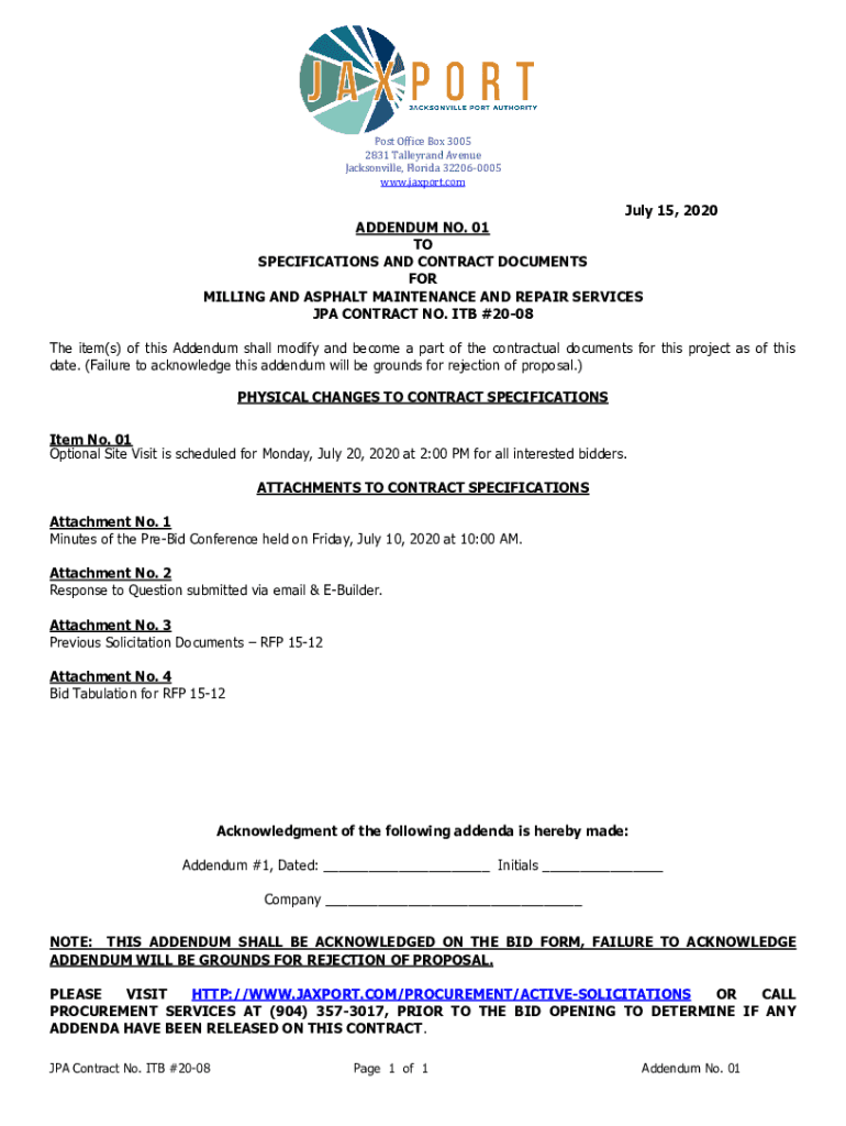 Fillable Online July 15, 2020 ADDENDUM NO. 01 TO SPECIFICATIONS AND ...