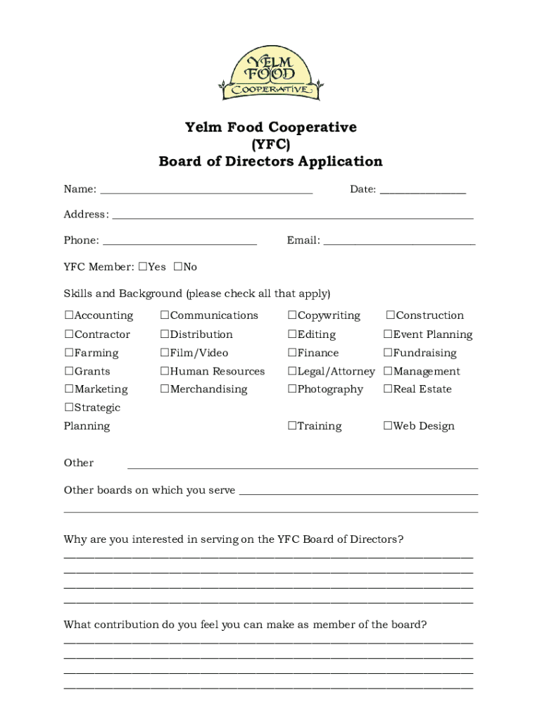 Fillable Online Yelm Food Cooperative (YFC) Board of Directors ...