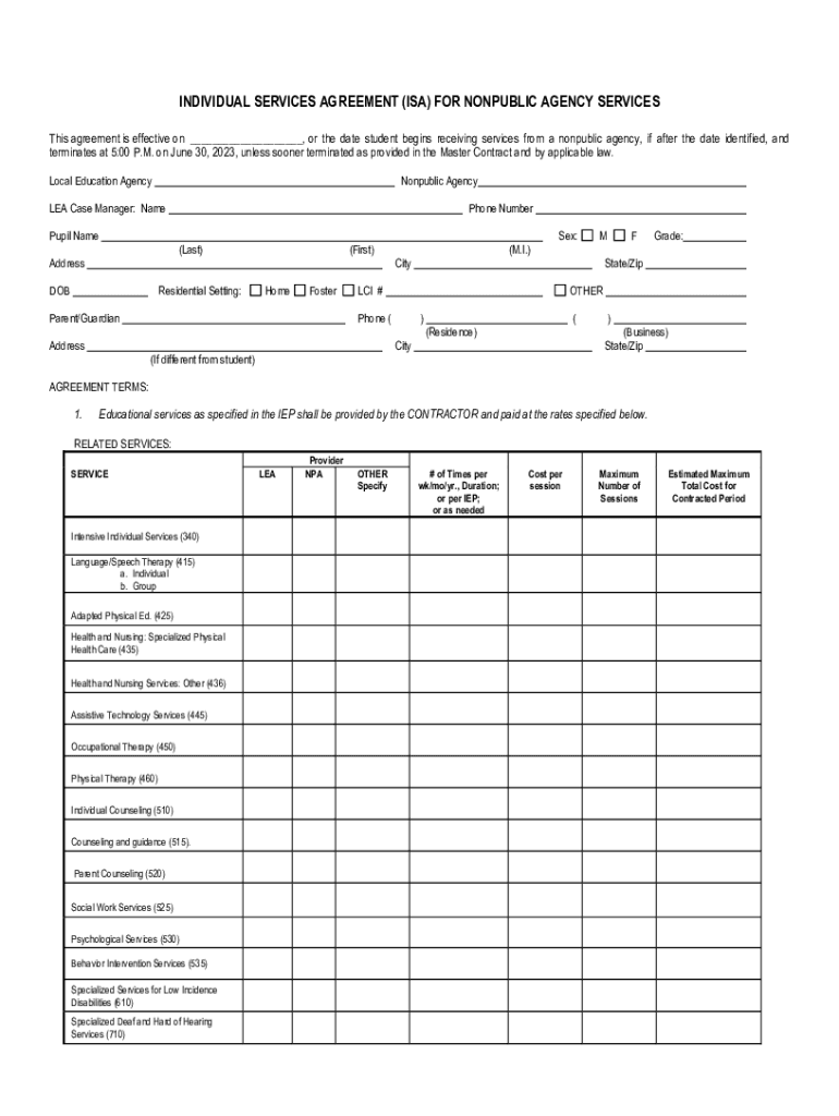 Fillable Online INDIVIDUAL SERVICES AGREEMENT (ISA) FOR ... Fax Email ...