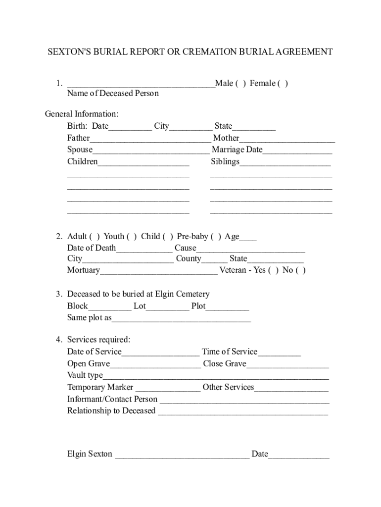 Fillable Online SEXTON'S BURIAL REPORT OR CREMATION BURIAL AGREEMENT ...