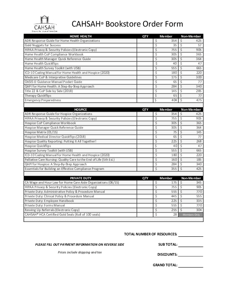 Fillable Online CAHSAH Bookstore Order Form Fax Email Print - pdfFiller