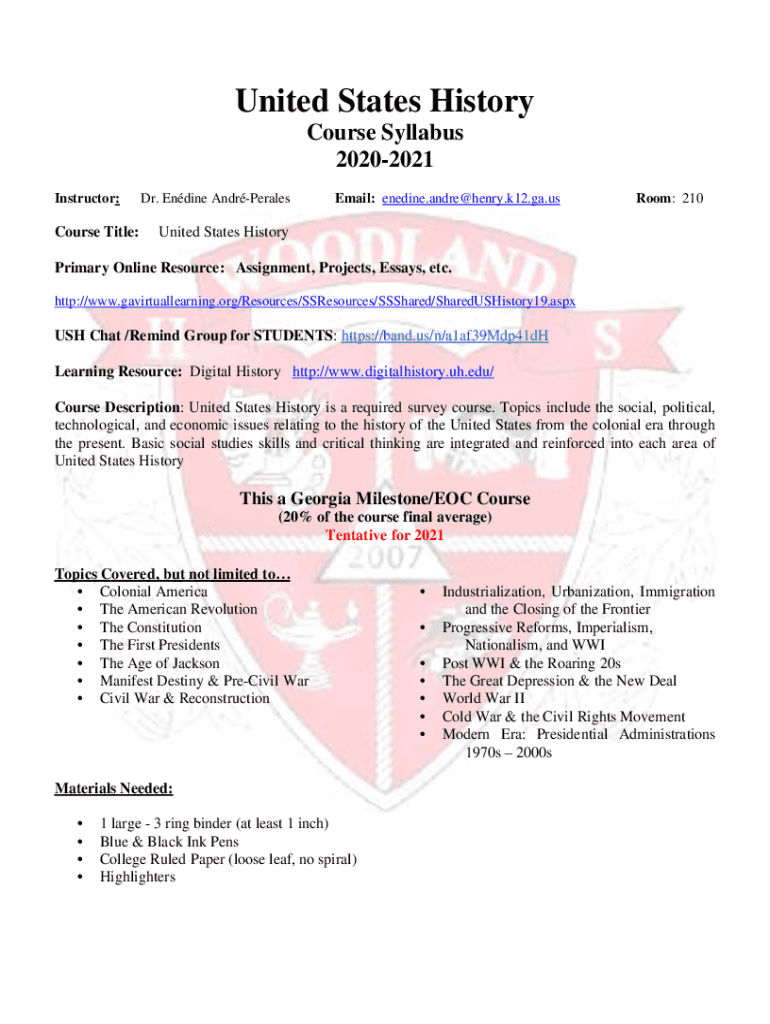 Fillable Online schoolwires henry k12 ga US History Syllabus: Regular ...