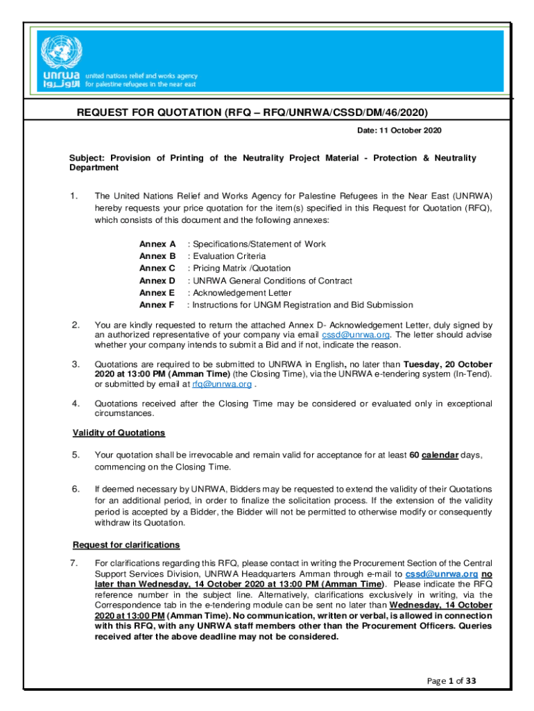 Fillable Online REQUEST FOR QUOTATION (RFQ RFQ/UNRWA/CSSD/DM/46/2020 ...