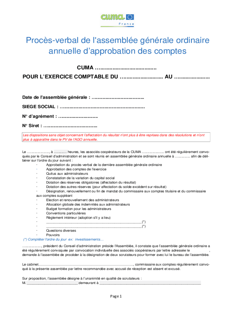 Remplissable En Ligne Procs-verbal d'assemble annuelle d'approbation des ... Fax Email Imprimer ...