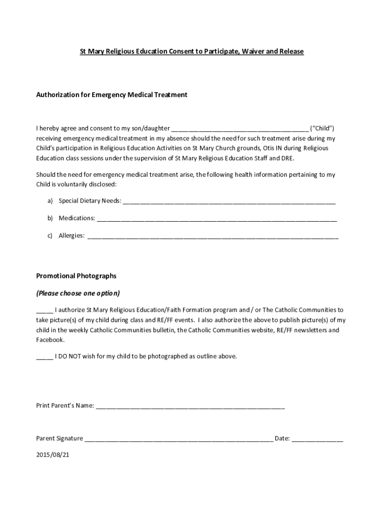 Fillable Online St Mary Religious Education Consent Form. ... Fax Email ...