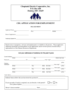 Fillable Online CDL APPLICATION FOR EMPLOYMENT Choptank Electric ... Fax Email Print - pdfFiller