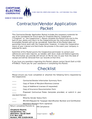Contractor/Vendor Application Packet Checklist Doc Template | pdfFiller