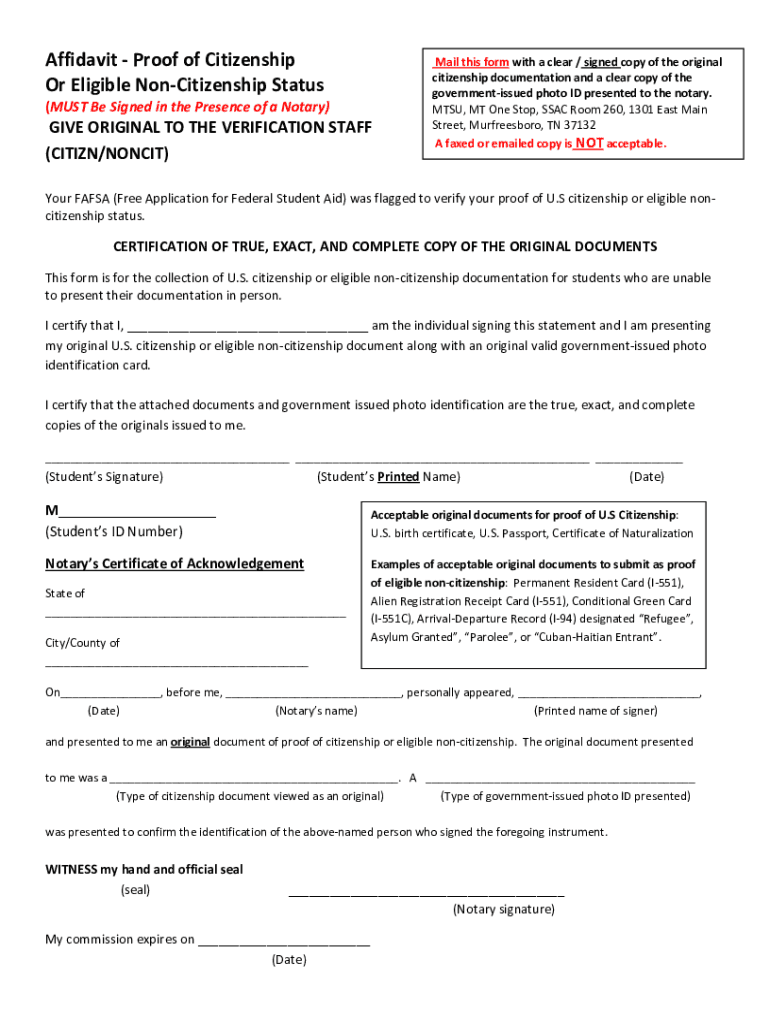 Fillable Online Affidavit - Proof of Citizenship Or Eligible Non ...