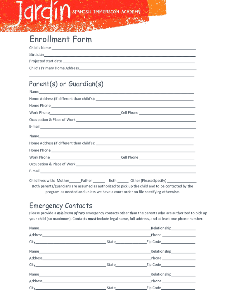 Fillable Online CHILD S FACE SHEET/ENROLLMENT FORM INFANT/TODDLER Fax ...