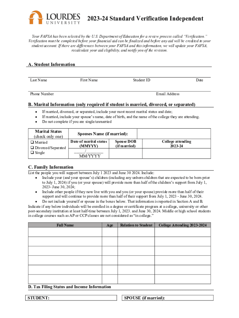 Fillable Online Financial Aid IV1 Standard 2023-24 Verification ...