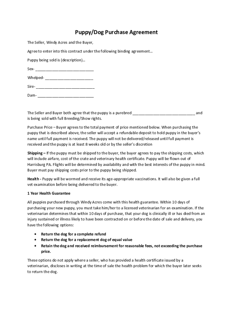 Fillable Online Puppy/Dog Purchase Agreement Fax Email Print - pdfFiller