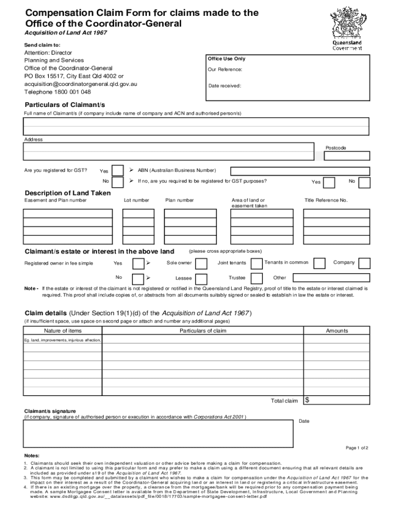 Fillable Online Compensation claim form for claims made to the Office ...
