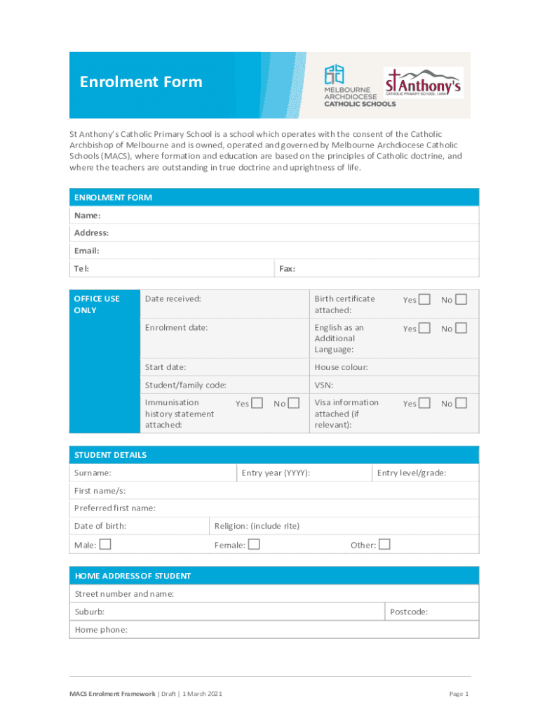 Fillable Online CEM Word Template - St Anthony's Primary School Fax ...