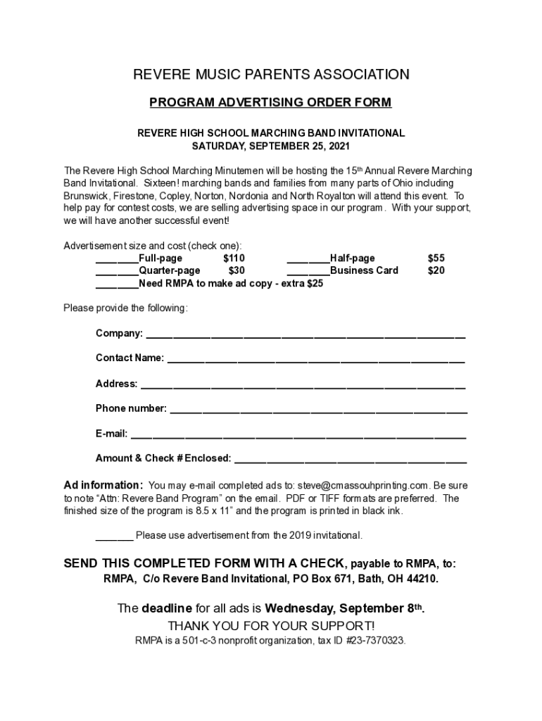 Fillable Online Band Invitational Advertising Order Form 2021 Fax Email ...