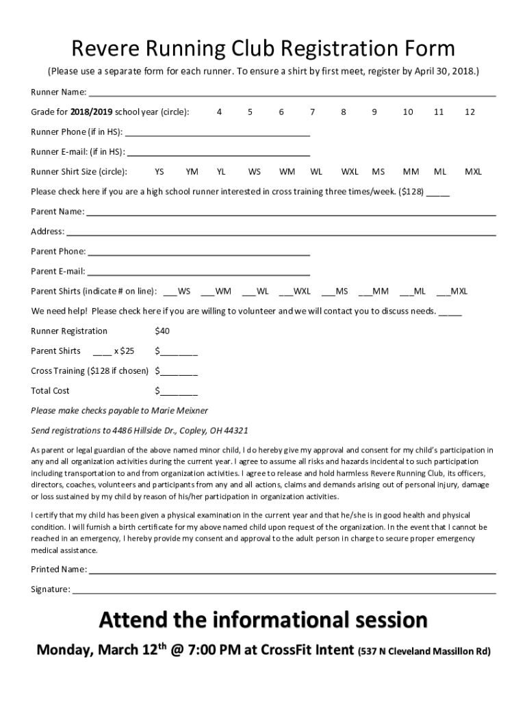Fillable Online Revere Running Club Registration Form Fax Email Print ...