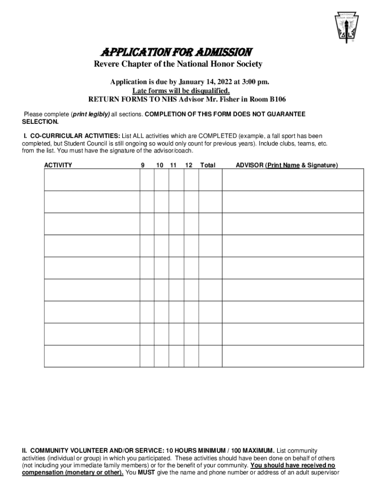 Fillable Online National Honor Society - Revere High School Fax Email ...
