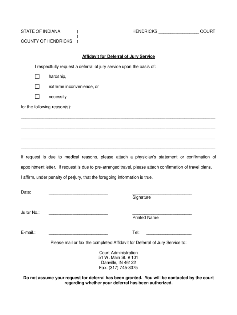 Fillable Online Affidavit for Deferral of Jury Service - Hendricks County Fax Email Print ...