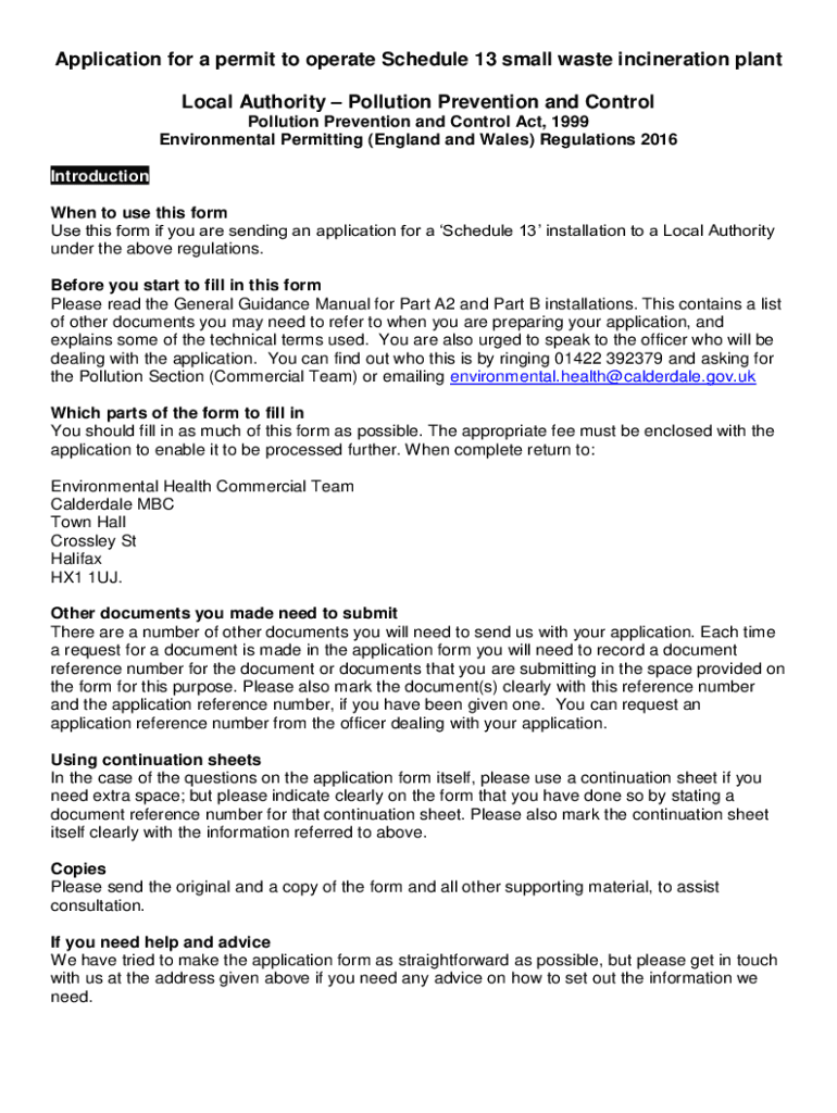 Fillable Online Application for a permit to operate Schedule 13A Small ...