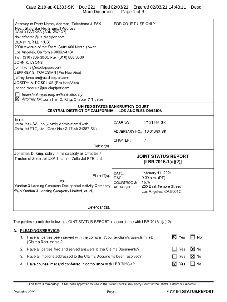 Fillable Online JOINT STATUS REPORT LBR 7016-1(a)(2) Case 2:19-ap ...
