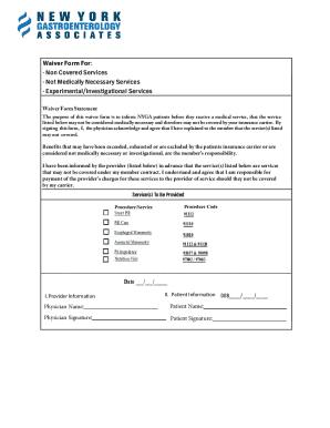 Fillable Online Waiver Form For:Non Covered ServicesNot Medically ...