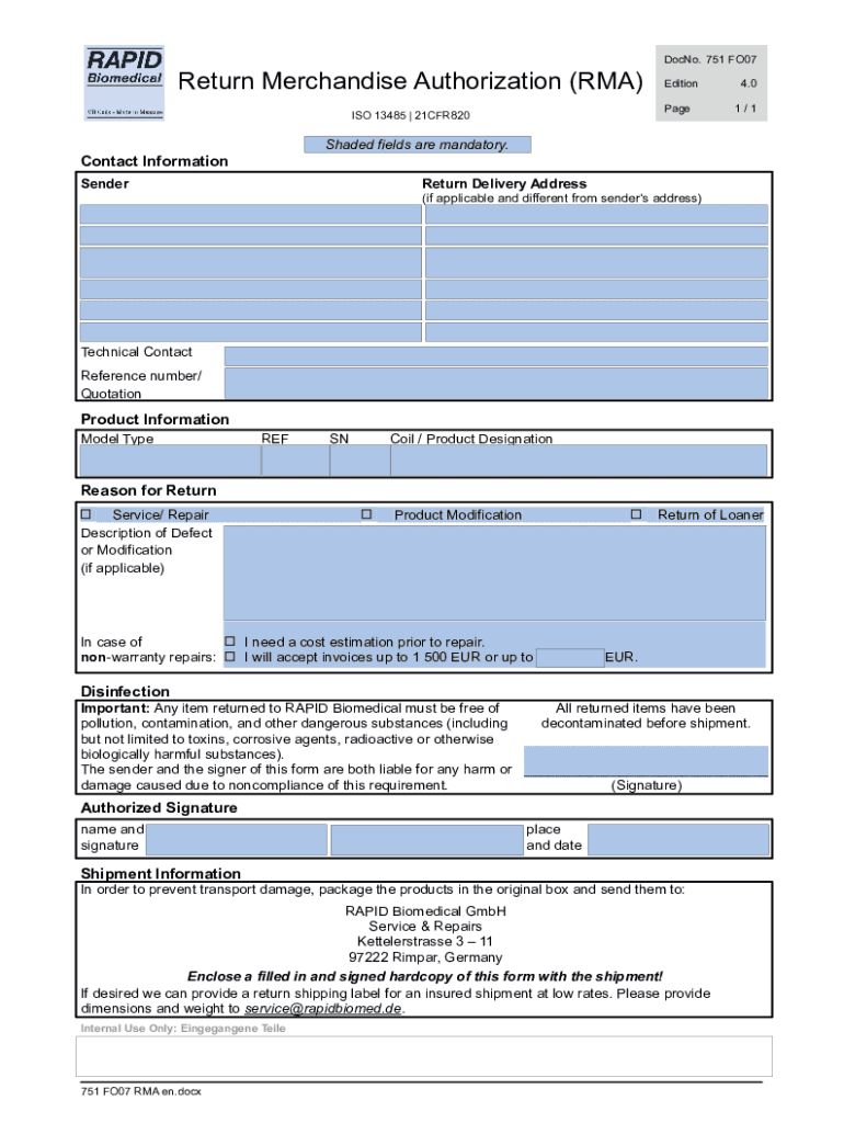 Fillable Online Submit a Return Merchandise Authorization (RMA) order ...