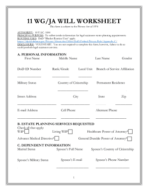 Fillable Online 11 WG/JA WILL WORKSHEET Fax Email Print - pdfFiller