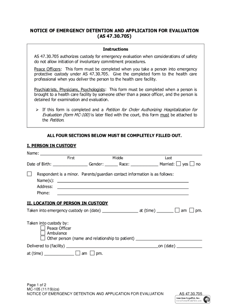 Fillable Online Form Mc 105 Notice of Emergency Detention and ...