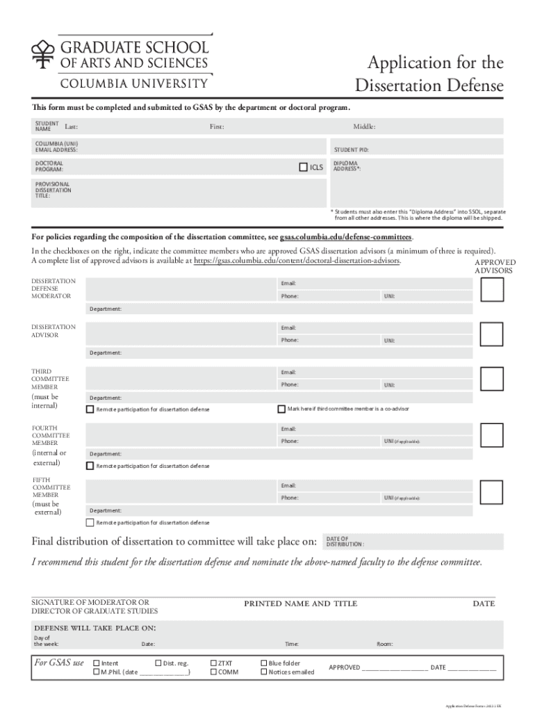 Fillable Online gsas columbia Application for the Dissertation Defense Fax Email Print - pdfFiller