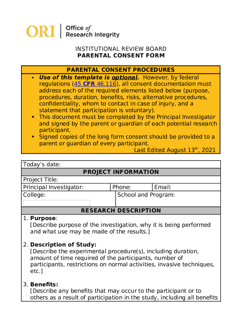 Parental Consent . IRB Doc Template | pdfFiller