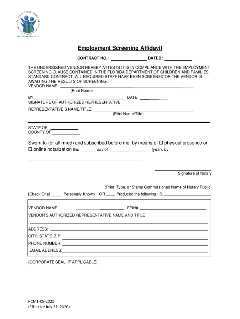 Fillable Online Florida Department of Children and Families Employment ...