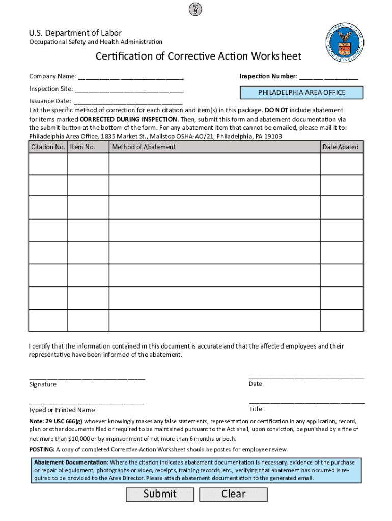 Fillable Online Certification of Corrective Action Worksheet - Philadelpha Area Office ...