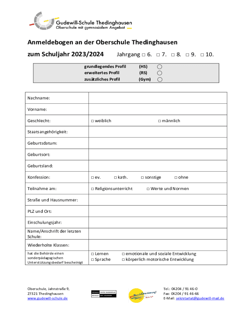 Ausfüllbar Online Anmeldebogen an der Oberschule Thedinghausen Fax Email Drucken - pdfFiller