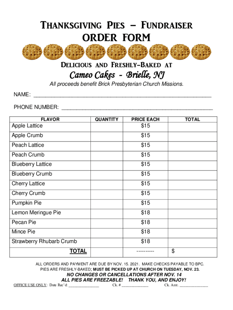 Fillable Online Thanksgiving PiesFundraiser - Brick Presbyterian Church ...