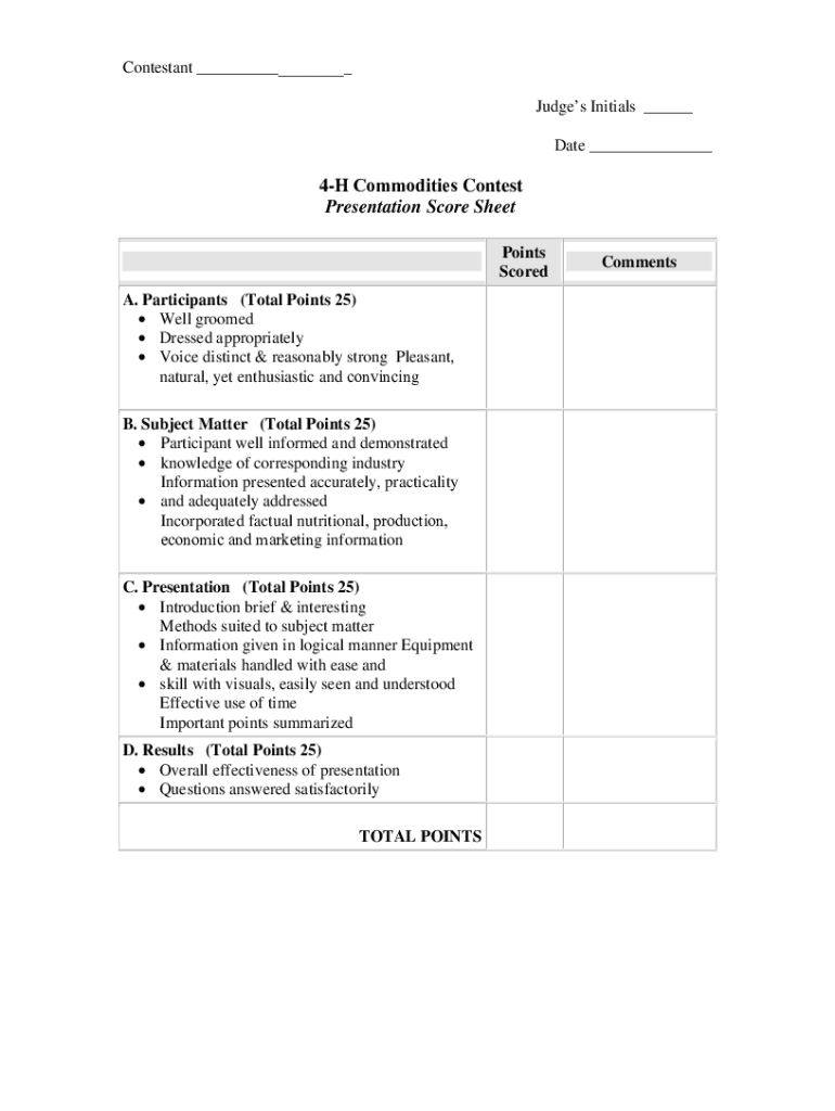 Fillable Online 4-H Commodities Contest Presentation Score Sheet Fax ...