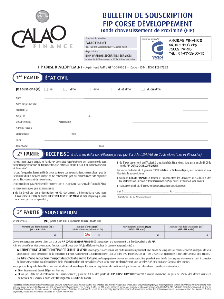 Remplissable En Ligne BULLETIN DE SOUSCRIPTION FIP CORSE ... Fax Email Imprimer - pdfFiller