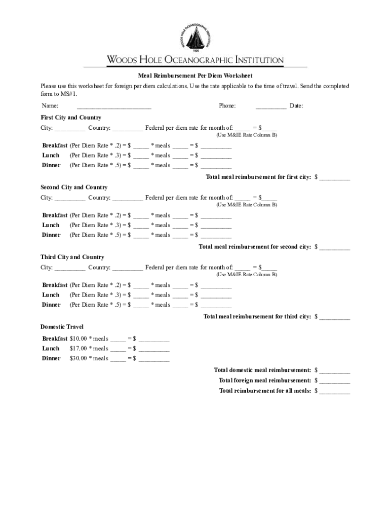 Fillable Online Meal Reimbursement Per Diem Worksheet Fax Email Print ...