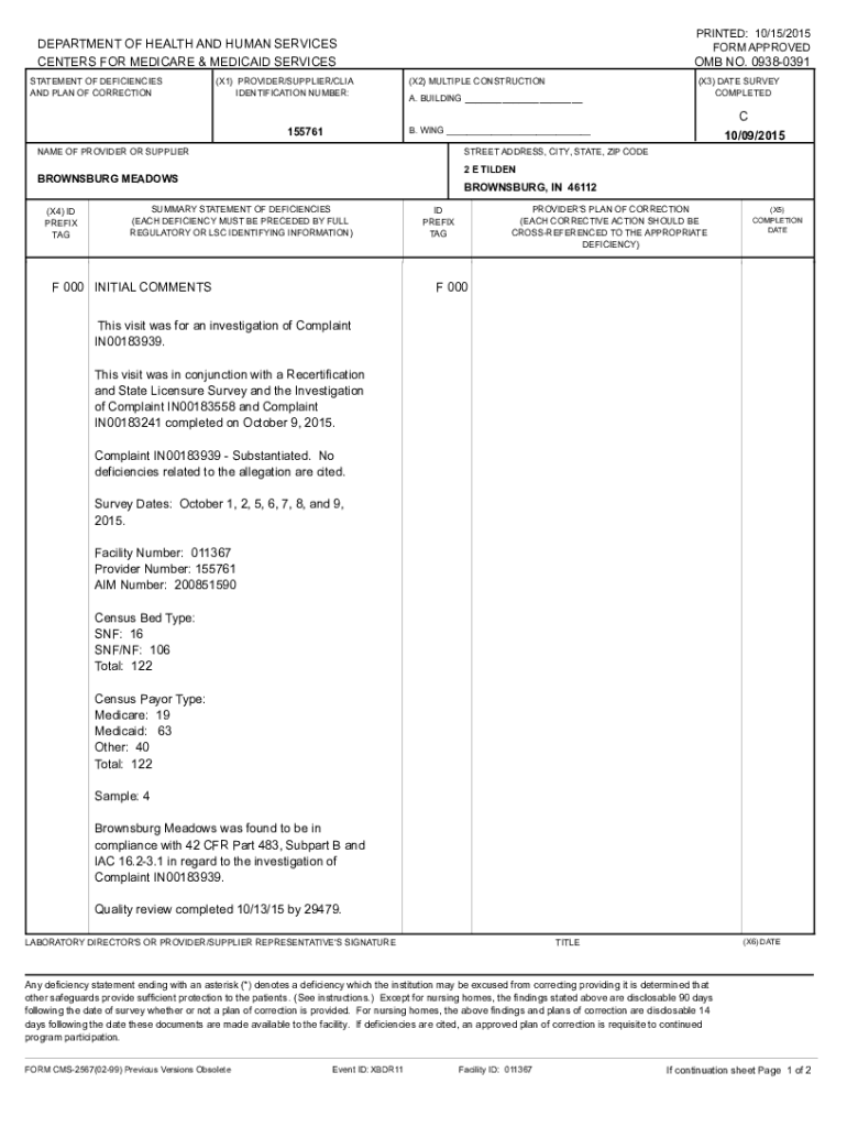 Fillable Online printed: 10/16/2015 - form approved omb no. 0938-0391 ...
