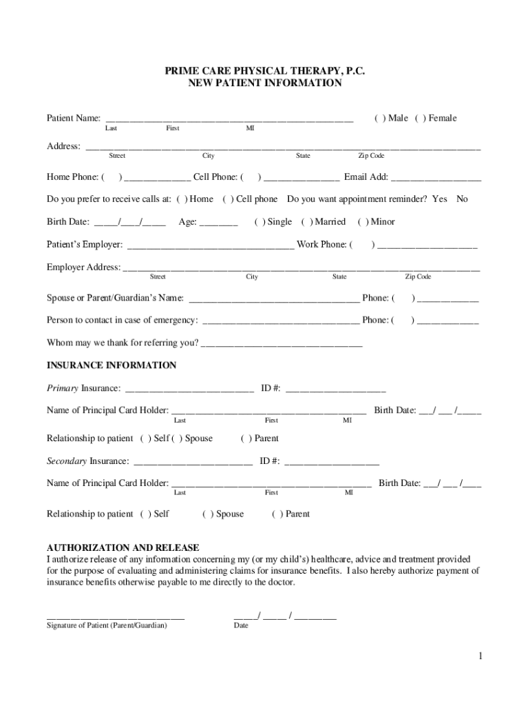 Fillable Online 1 PRIME CARE PHYSICAL THERAPY, P.C. NEW PATIENT ... Fax ...