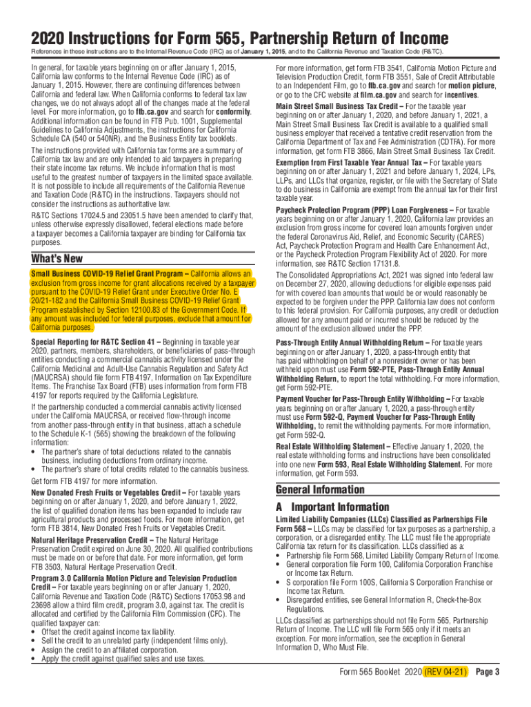 Fillable Online 2020 Instructions for Form 565 Partnership Tax Booklet ...