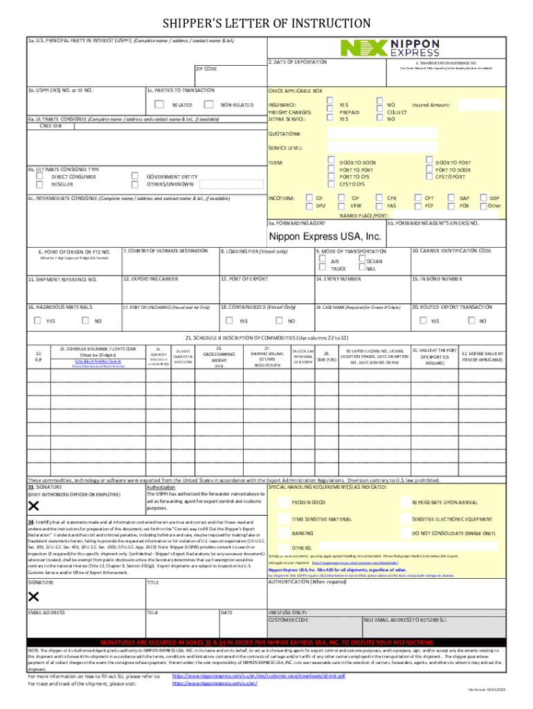 Fillable Online Shipper's Letter of Instruction. Nippon Express USA ...