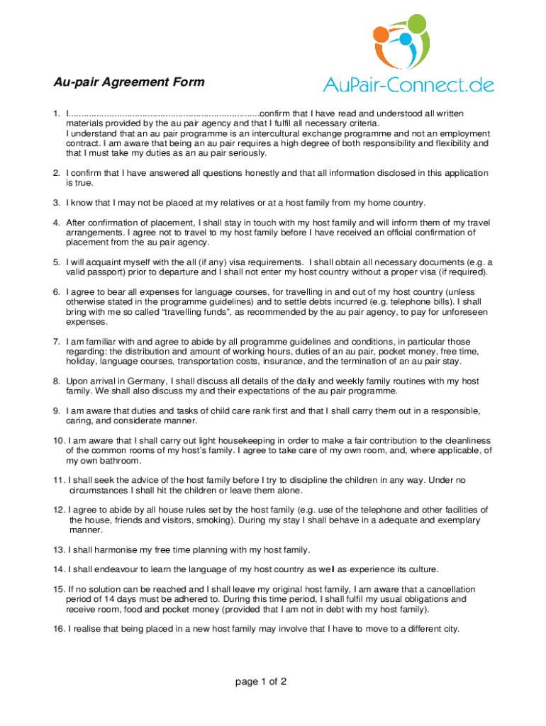 Ausfüllbar Online Au-pair Agreement Form Fax Email Drucken - pdfFiller